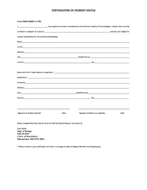 Fillable Online CERTIFICATION OF STUDENT STATUS - Allen Press Fax Email ...