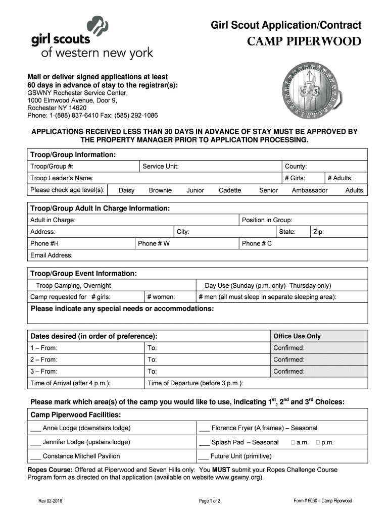 Fillable Online gswny Camp Piperwood - Reservation Application (Girl ...