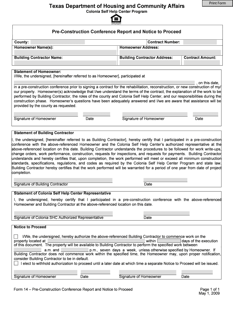 Fillable Online tdhca state tx Form 14 - Pre-Construction Conference ...