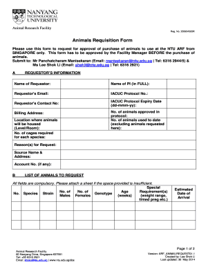 Fillable Online Animals Requisition Form - Nanyang Technological... Fax ...