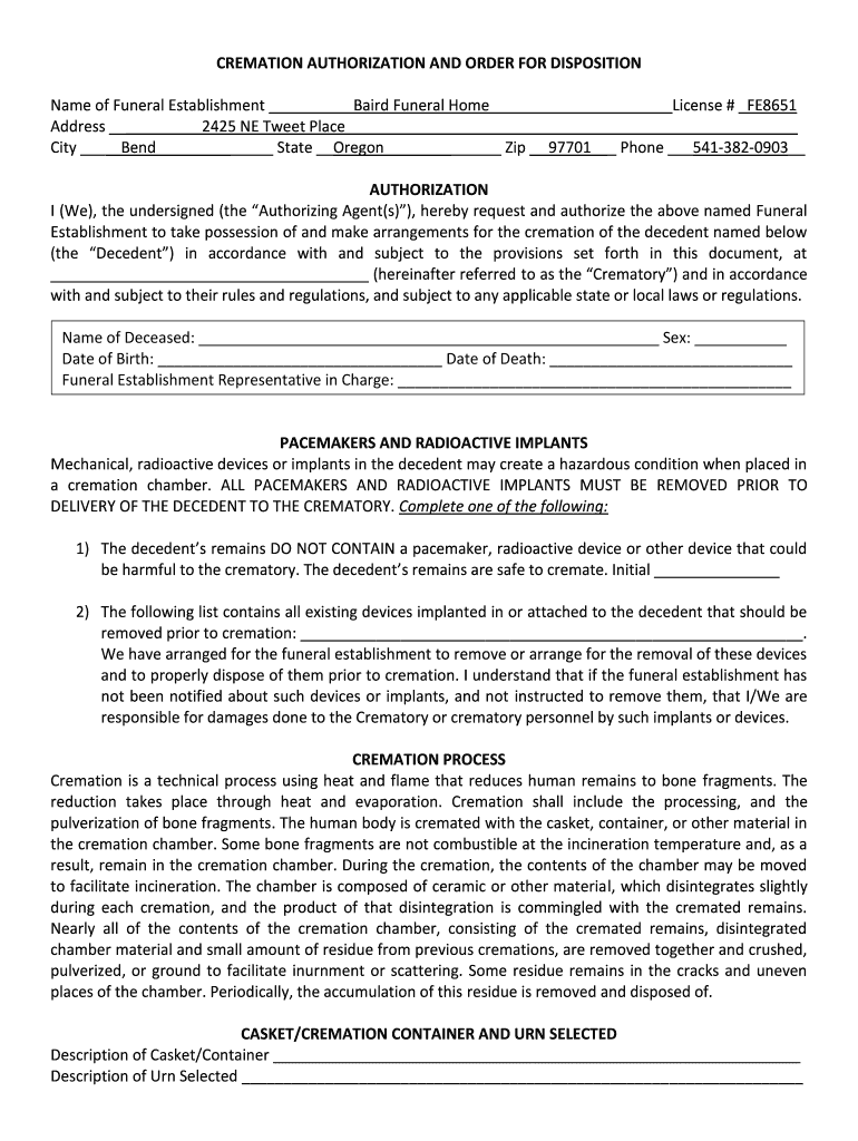 Fillable Online CREMATION AUTHORIZATION AND ORDER FOR DISPOSITION Fax ...