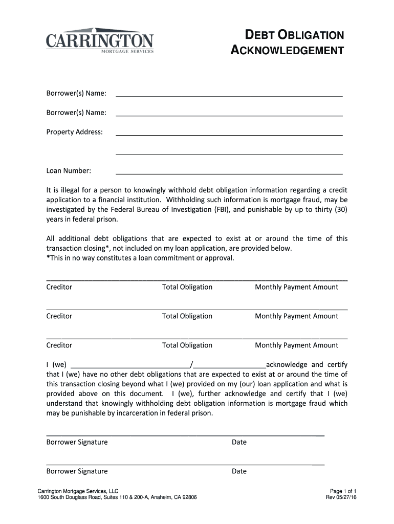 Fillable Online DEBT OBLIGATION ACKNOWLEDGEMENT - carringtonwholesale ...