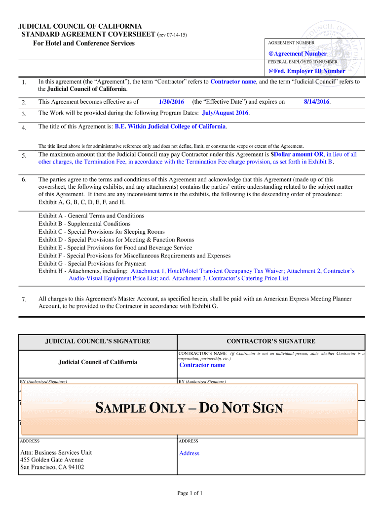 Fillable Online courts ca Attachment 2 - Hotel Agreement Template - California Courts Fax Email ...