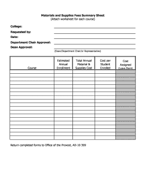 Fillable Online fau Materials and Supplies Fees Summary Sheet Fax Email ...