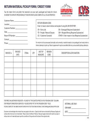 Fillable Online RETURN MATERIAL PICKUP FORM / CREDIT FORM Fax Email ...
