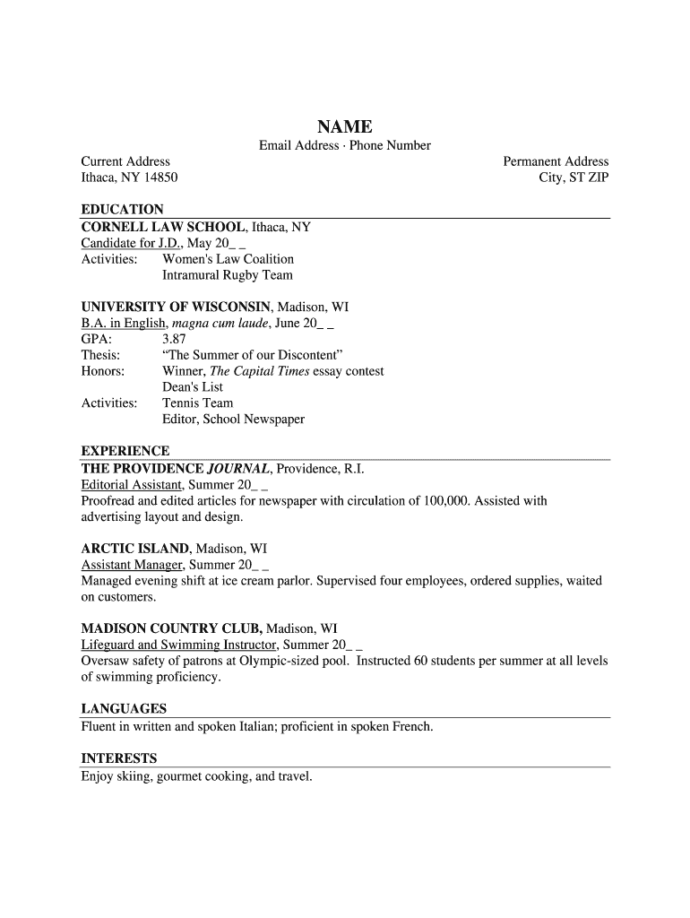 Fillable Online lawschool cornell 1L Resume -- Left Justified Fax Email ...