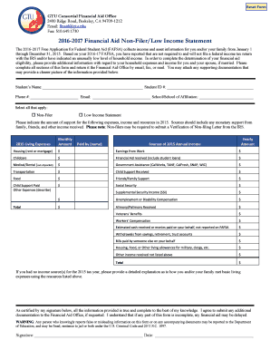 Fillable Online gtu Non-Filer/Low Income Statement. 2016-2017 Non-Filer ...