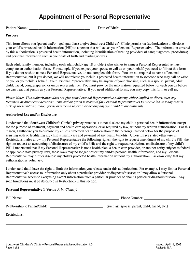 Fillable Online Appointment of Personal Representative - Southwest ...
