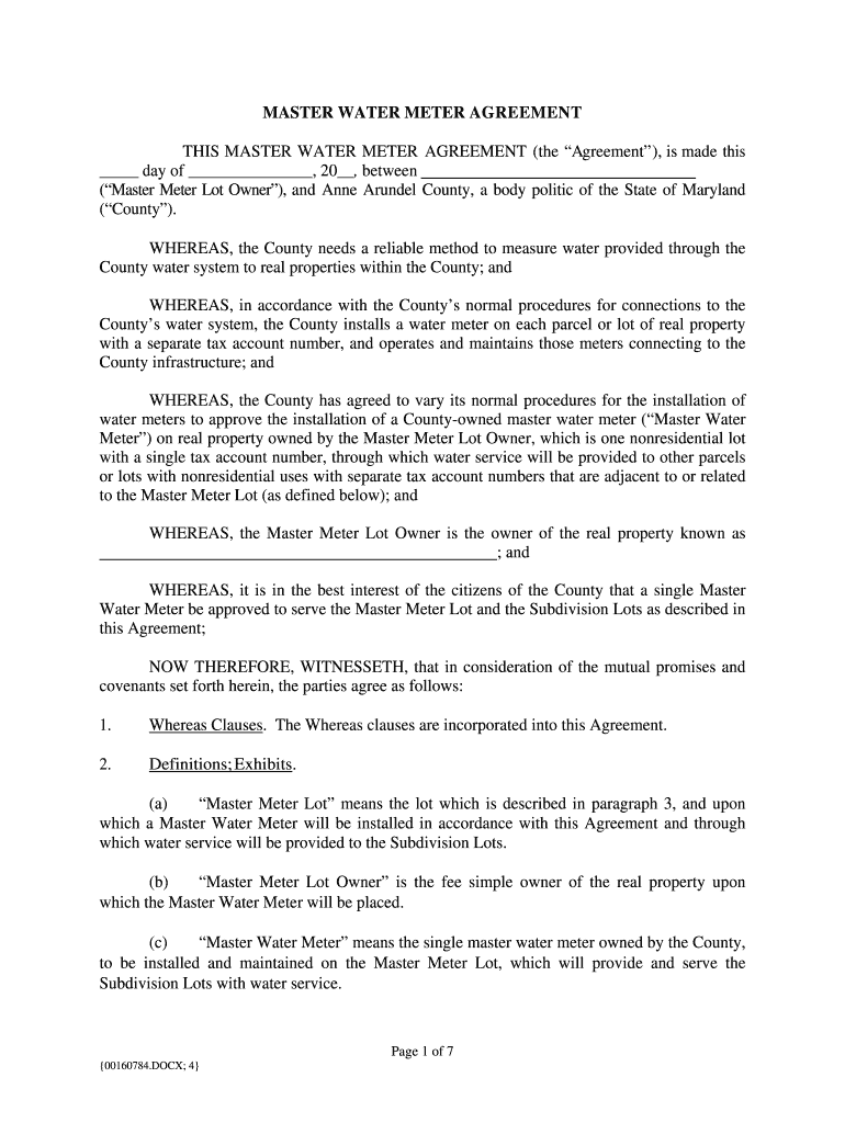 Fillable Online aacounty Master Water Meter Agreement - Anne Arundel ...