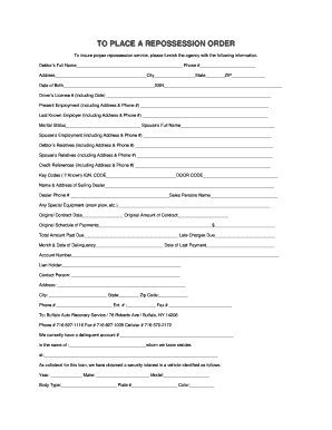 Fillable Online TO PLACE A REPOSSESSION ORDER Fax Email Print - pdfFiller