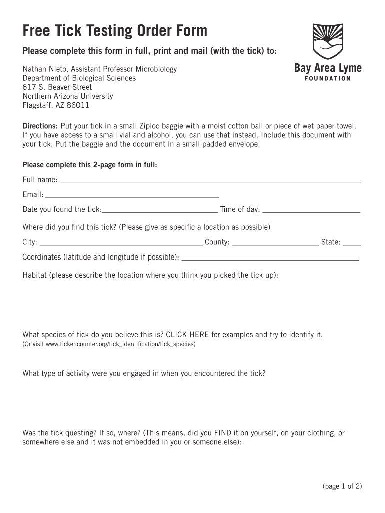 Fillable Online Free Tick Testing Order Form - Bay Area Lyme Foundation ...