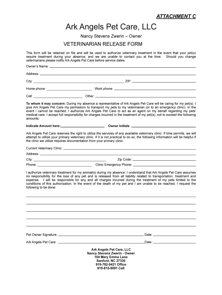 Fillable Online AAPC Vet Release Form - Ark Angels Pet Care Fax Email ...