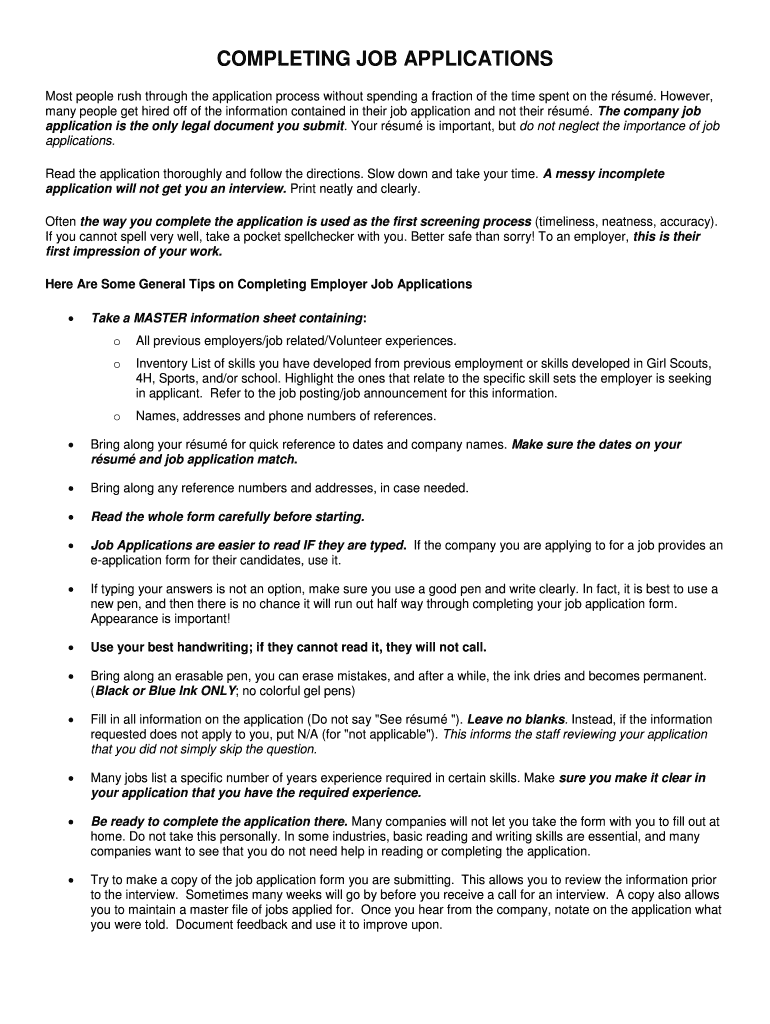 Fillable Online COMPLETING JOB APPLICATIONS Fax Email Print - pdfFiller