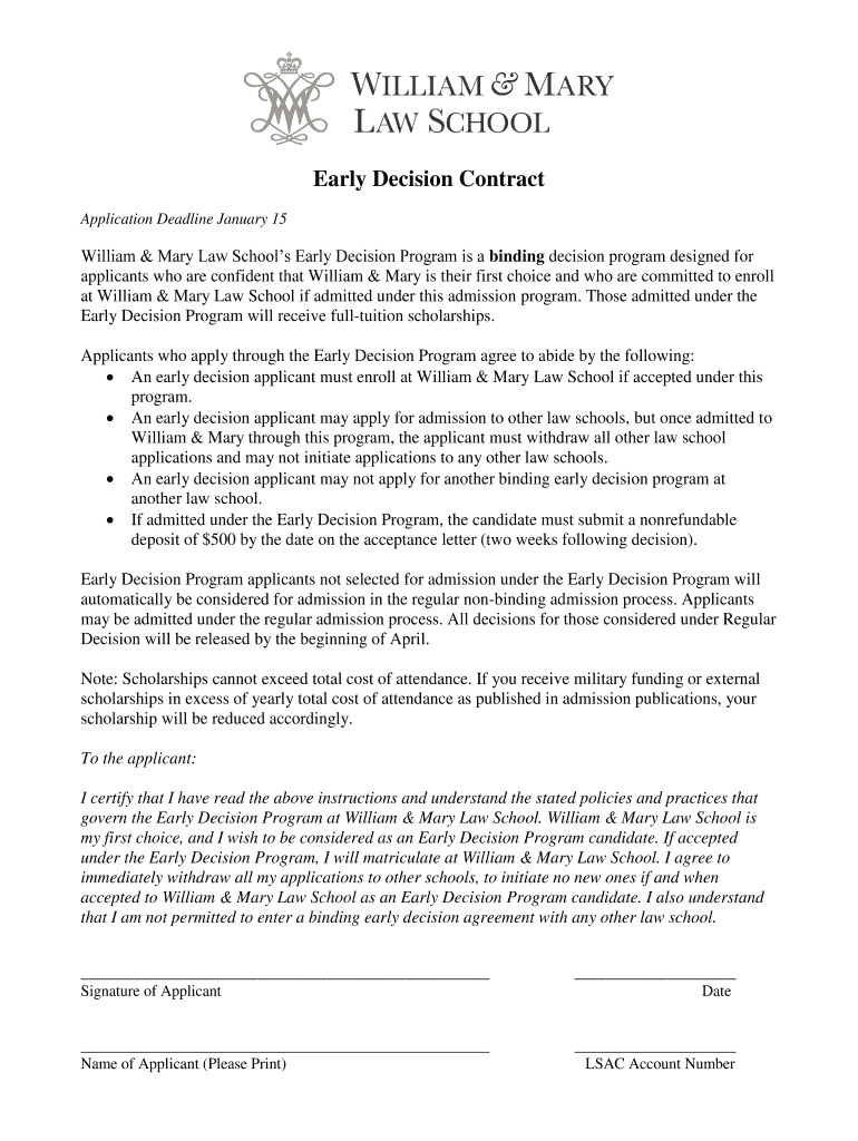 Fillable Online law wm Early Decision Contract - law.wm.edu - law wm Fax Email Print - pdfFiller