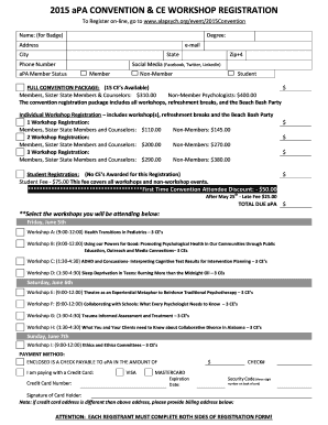 Fillable Online alapsych 2015 aPA CONVENTION & CE WORKSHOP REGISTRATION - alapsych Fax Email ...