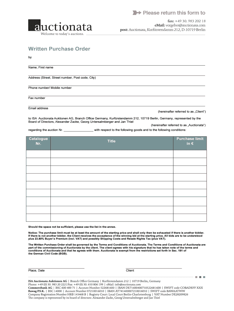 Fillable Online Written Purchase Order - Auctionata Fax Email Print ...