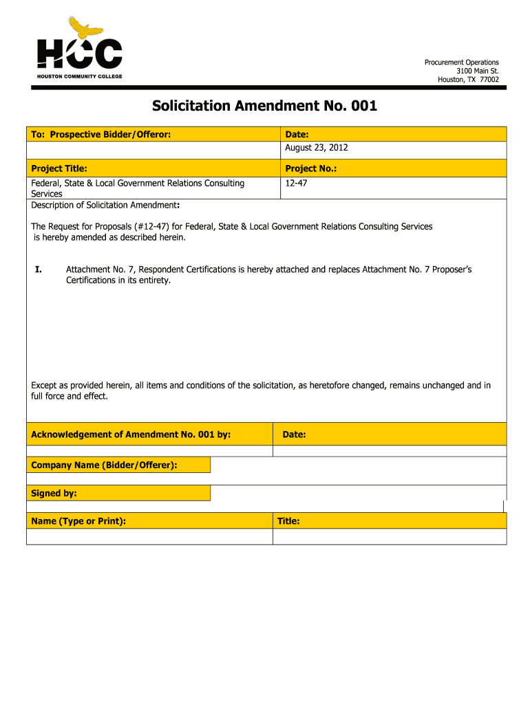 Fillable Online hccs Solicitation Amendment No - hccs Fax Email Print - pdfFiller