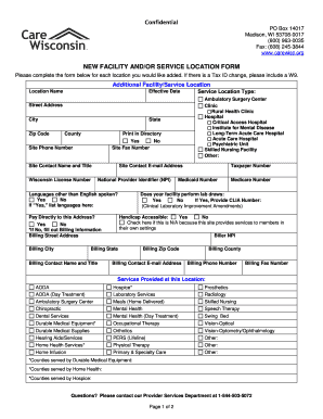 Fillable Online carewisc NEW FACILITY AND/OR SERVICE LOCATION FORM Fax ...