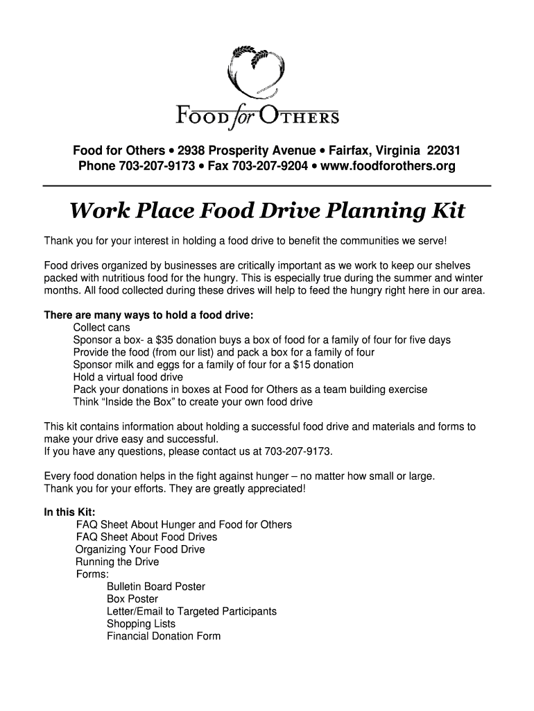 Fillable Online foodforothers Work Place Food Drive Planning Kit (1 ...