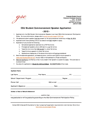 Fillable Online cgu CGU Student Commencement Speaker Application - 2015 ...