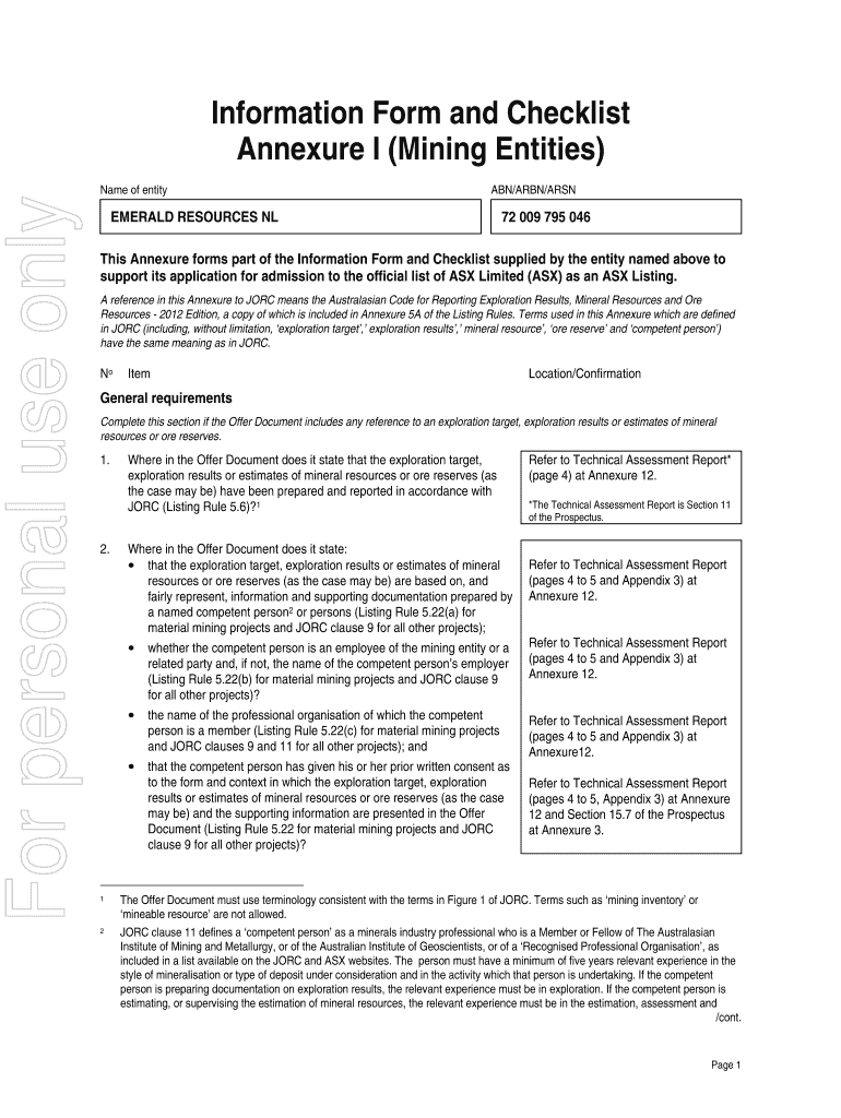 Fillable Online asx com Information Form and Checklist Annexure I (Mining Entities) Fax Email ...