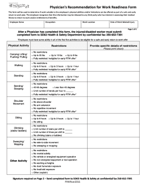 Fillable Online Physician 's Recommendation for Work Readiness Form Fax ...