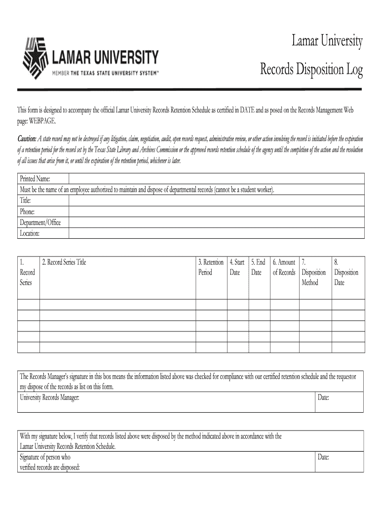 Fillable Online library lamar Records Disposition Form - Mary and John Gray Library - Lamar ...
