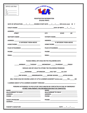 Fillable Online Registration Form - little learner academy Fax Email ...