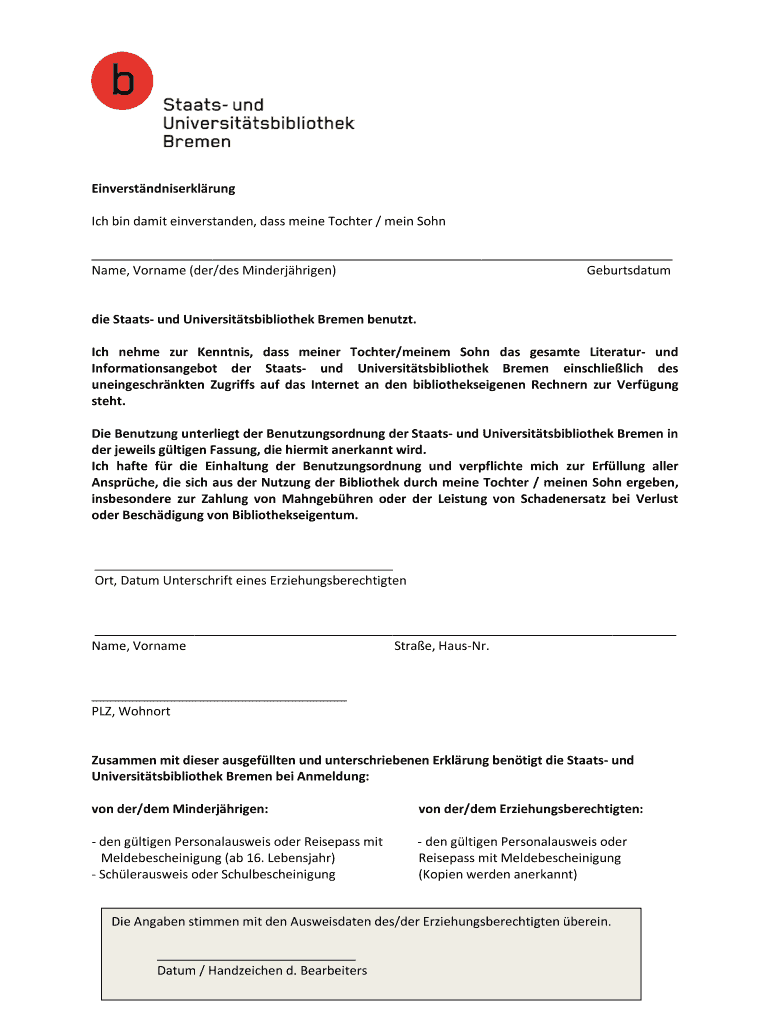 Fillable Online suub uni-bremen Einverst ndniserkl rung Ich nehme zur Kenntnis, dass ... Fax ...