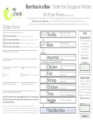 Fillable Online Burritos in a Box - Order for Groups or Parties Fax ...