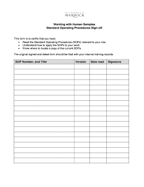 Fillable Online www2 warwick ac Working with Human Samples SOP Sign Off ...