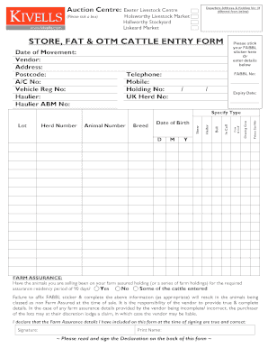 Fillable Online Cattle Entry Form - Kivells Fax Email Print - pdfFiller