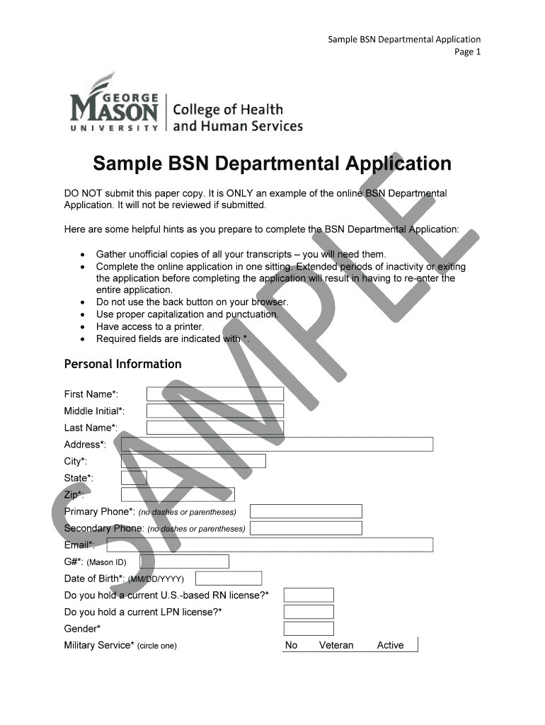 Fillable Online chhs gmu Sample BSN Departmental Application Fax Email ...