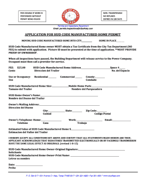 Fillable Online HUD Code Manufactured Home Permit Application - City of Katy Fax Email Print ...