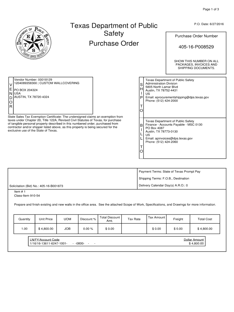 Fillable Online dps texas Purchase Order. Purchase Order Fax Email Print - pdfFiller