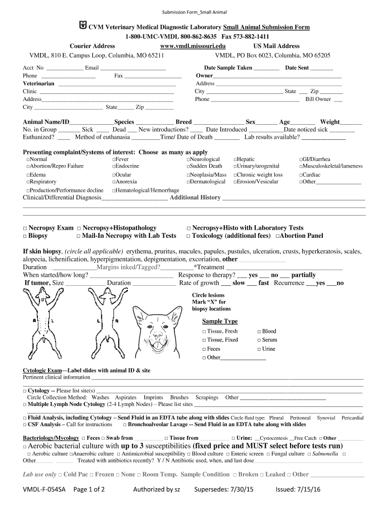Fillable Online vmdl missouri VMDL-F-054SA Submission Form Small Animal ...