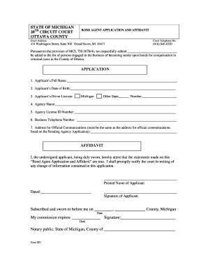 Fillable Online miottawa Bond Agent Application and Affidavit Fax Email ...