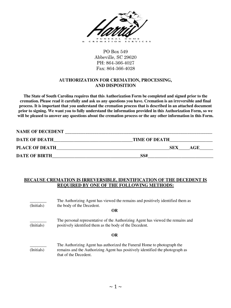 Fillable Online authorization for cremation, processing - Harris ...