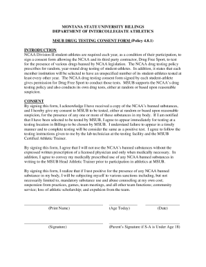 Fillable Online MSUB Drug Testing Consent Form - MSU-Billings Athletics ...
