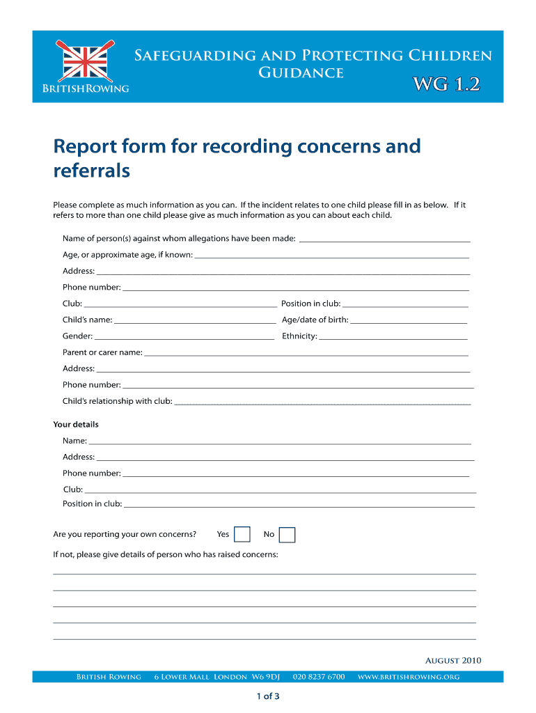 Fillable Online britishrowing Report form for recording concerns and ...