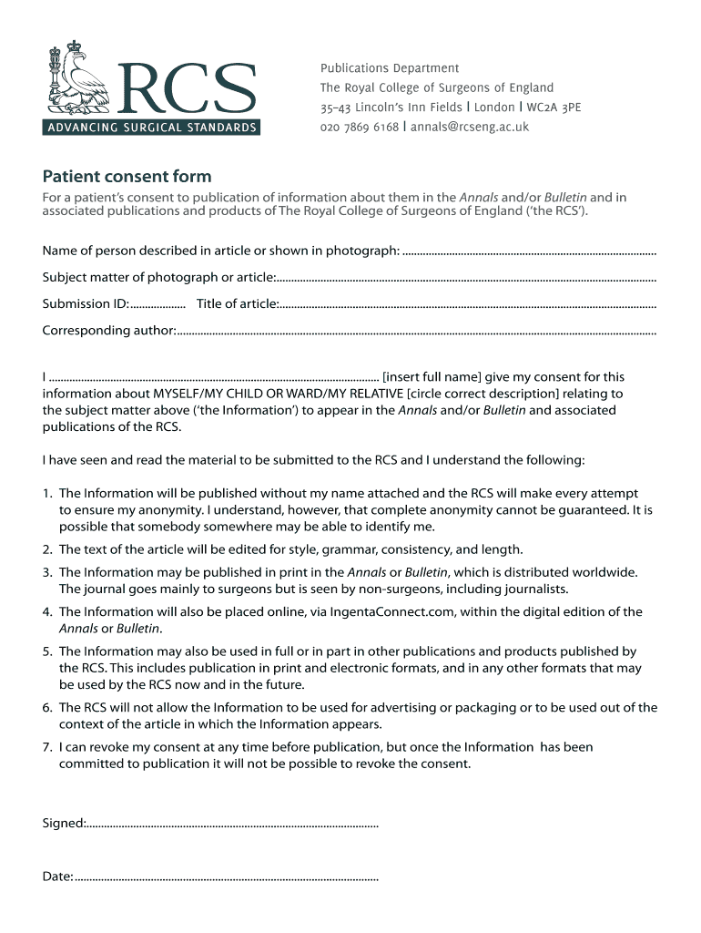 Fillable Online rcseng ac Patient consent form - The Royal College of ...