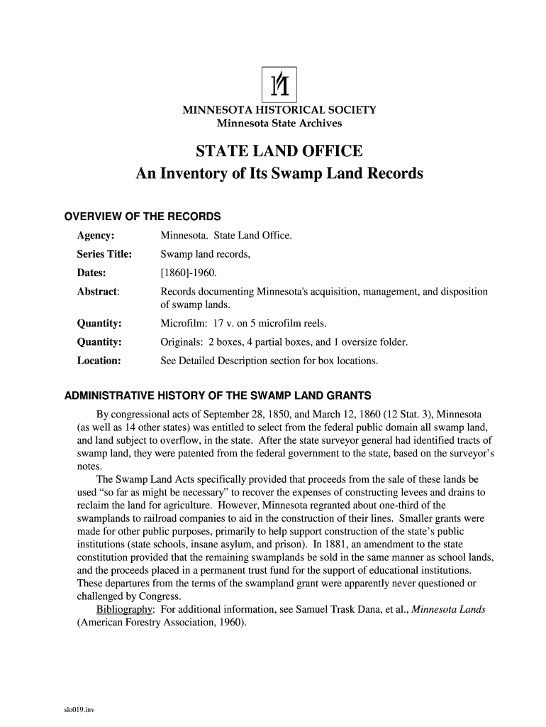 Fillable Online sosbluewaters STATE LAND OFFICE: An Inventory of Its ...