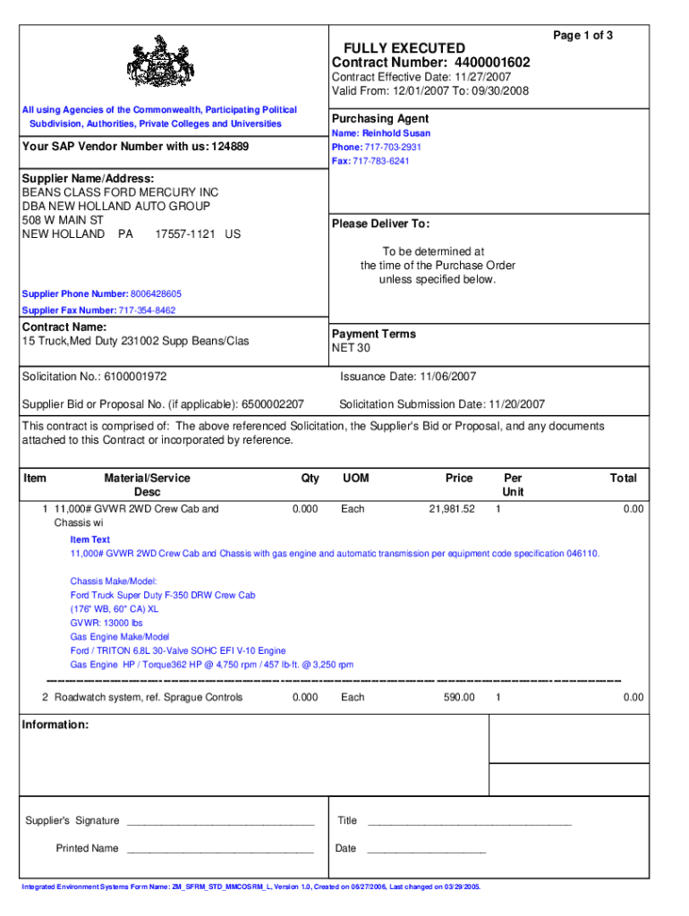 Fillable Online Page 1 of 3 FULLY EXECUTED Contract Number: 4400001602 ...