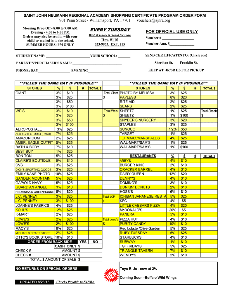 Fillable Online sjnra Gift Card/Tuition Voucher Order Form - St. John ...
