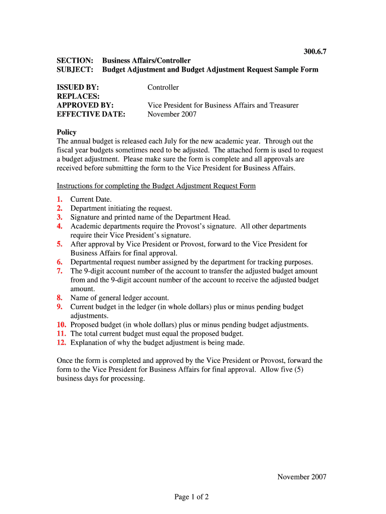 Budget Adjustment - Fill Online, Printable, Fillable, Blank | pdfFiller