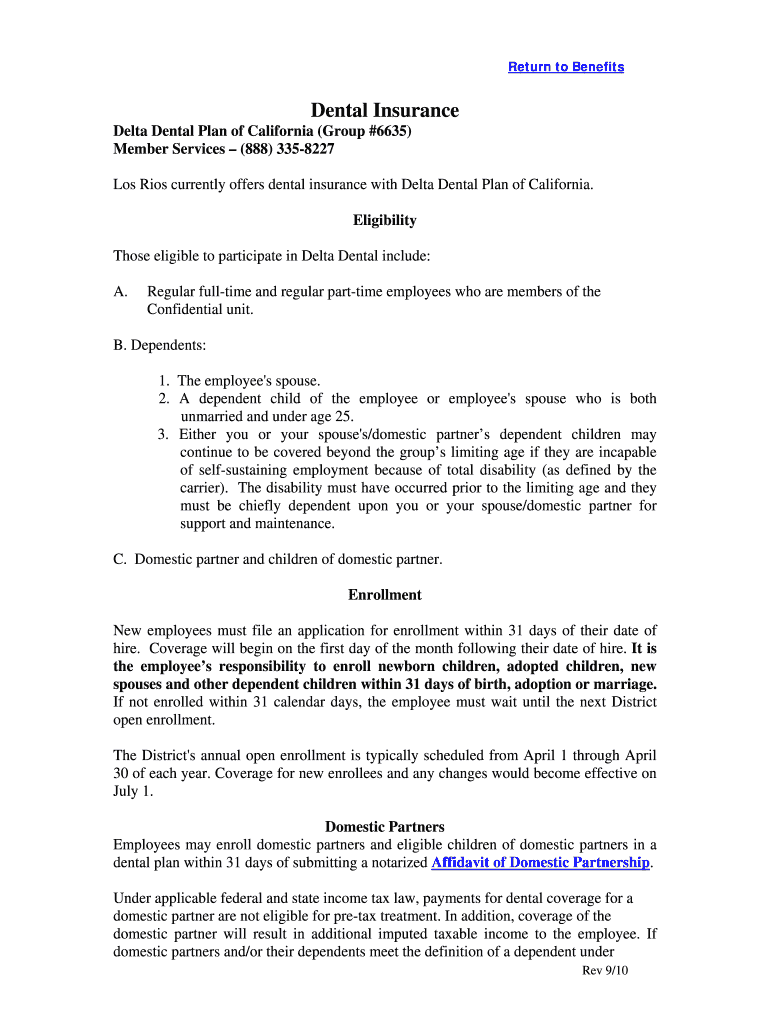 Fillable Online losrios Return to Benefits Dental Insurance Delta ...