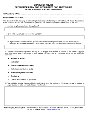 Fillable Online ucl ac CHADWICK TRUST REFERENCE FORM FOR APPLICANTS FOR ...