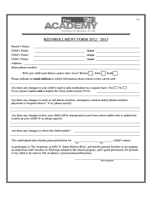 Fillable Online theacademywi REENROLLMENT FORM 2012 - 2013 Fax Email Print - pdfFiller