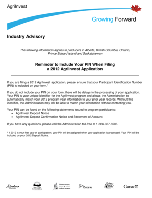 Fillable Online Industry Advisory Include PIN on 2012 AgriInvest Form ...