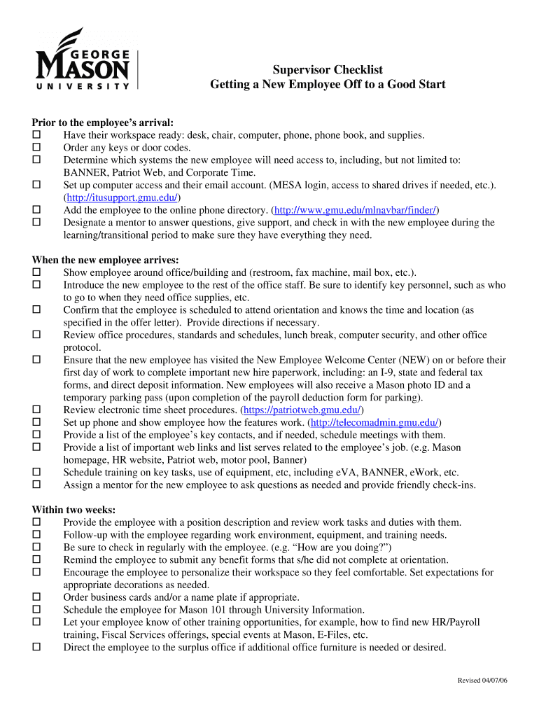 Fillable Online Supervisor Checklist Fax Email Print - pdfFiller